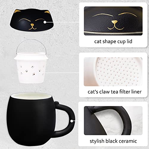 Liywall - Ceramic Tea Mug with Infuser and Lid, Cat Design Handmade Porcelain Tea Cup Strainer With Portable Shockproof Storage Case for Travel Office Home,Wife Girlfriend Gift - Black