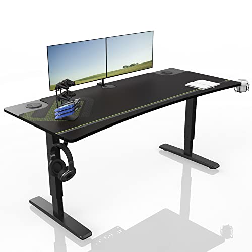 DESIGNA Manual Height Adjustable Home Office Computer Desk, 63 Inch Large Curved Edge Standing PC Gaming Table Workstation with Full Mouse Pad Controller Rack Cup Holder Headphone Hook, Black