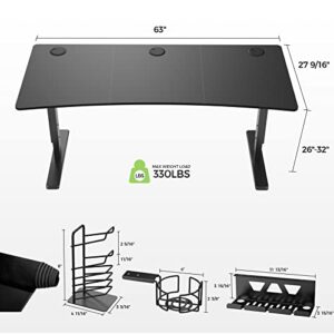 DESIGNA Manual Height Adjustable Home Office Computer Desk, 63 Inch Large Curved Edge Standing PC Gaming Table Workstation with Full Mouse Pad Controller Rack Cup Holder Headphone Hook, Black