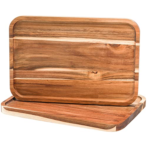 YOUEON Set of 2 Acacia Wood Serving Tray with Raised Lip, 14.2 x 9.5 Inch Rectangular Serving Tray, Appetizer Cheese Plate, Sandwich Dessert Trays, Wood Plates for Food, Coffee, Fruit, Cookie