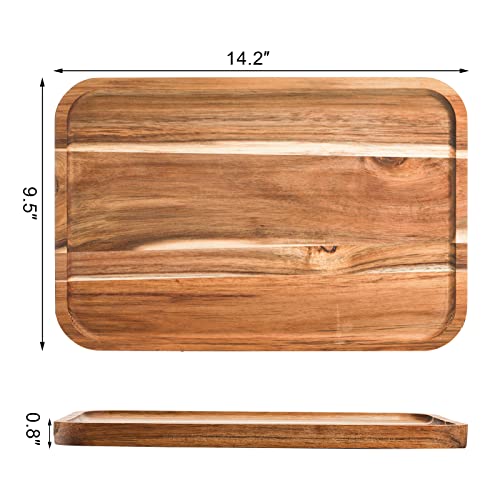 YOUEON Set of 2 Acacia Wood Serving Tray with Raised Lip, 14.2 x 9.5 Inch Rectangular Serving Tray, Appetizer Cheese Plate, Sandwich Dessert Trays, Wood Plates for Food, Coffee, Fruit, Cookie