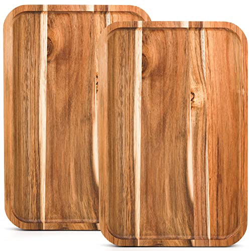 YOUEON Set of 2 Acacia Wood Serving Tray with Raised Lip, 14.2 x 9.5 Inch Rectangular Serving Tray, Appetizer Cheese Plate, Sandwich Dessert Trays, Wood Plates for Food, Coffee, Fruit, Cookie