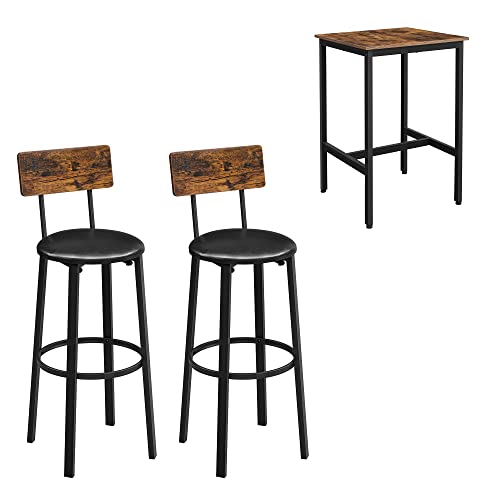 VASAGLE Bar Stools and Bar Table Bundle, Set of 2 PU Upholstered Bar Chairs, Square Tall Dining Table, Industrial, for Dining Room Kitchen Counter Bar, Rustic Brown and Black ULBC069B81 and ULBT25X