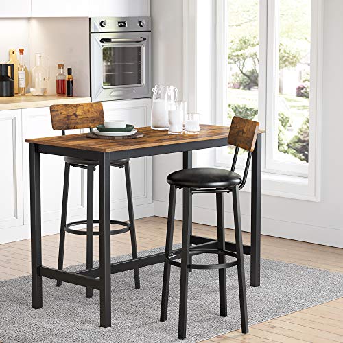 VASAGLE Bar Stools and Bar Table Bundle, Set of 2 PU Upholstered Bar Chairs, Square Tall Dining Table, Industrial, for Dining Room Kitchen Counter Bar, Rustic Brown and Black ULBC069B81 and ULBT25X