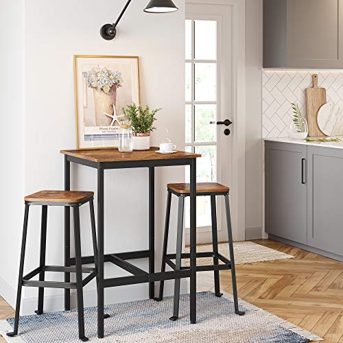 VASAGLE Bar Stools and Bar Table Bundle, Set of 2 PU Upholstered Bar Chairs, Square Tall Dining Table, Industrial, for Dining Room Kitchen Counter Bar, Rustic Brown and Black ULBC069B81 and ULBT25X