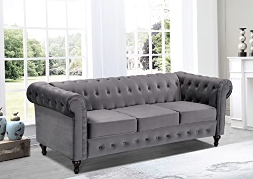 Container Furniture Direct Teressa Velvet Chesterfield Sofa for Living Room, Apartment or Office, Three Seater Mid Century Modern Couch, 82" W, Gray