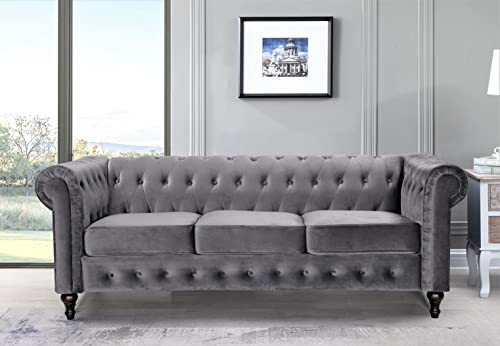 Container Furniture Direct Teressa Velvet Chesterfield Sofa for Living Room, Apartment or Office, Three Seater Mid Century Modern Couch, 82" W, Gray