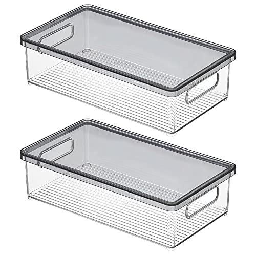 mDesign Plastic Stackable Bathroom Cabinet Storage Bin with Handles/Lid - Bin for Vanity, Countertop, Drawer Organization - Hold Soap, Towels, Accessories, Ligne Collection, 2 Pack, Clear/Smoke Gray