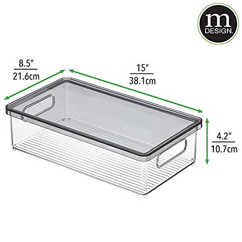 mDesign Plastic Stackable Bathroom Cabinet Storage Bin with Handles/Lid - Bin for Vanity, Countertop, Drawer Organization - Hold Soap, Towels, Accessories, Ligne Collection, 2 Pack, Clear/Smoke Gray