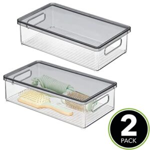 mDesign Plastic Stackable Bathroom Cabinet Storage Bin with Handles/Lid - Bin for Vanity, Countertop, Drawer Organization - Hold Soap, Towels, Accessories, Ligne Collection, 2 Pack, Clear/Smoke Gray