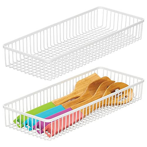 mDesign Metal Farmhouse Kitchen Cabinet Drawer Organizer Basket Tray, Shallow Storage Bin for Cutlery, Serving Spoons, Cooking Utensils, Appliances, Gadgets, Unity Collection, 15" Long, 2 Pack, White