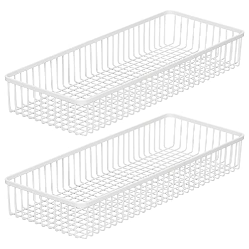 mDesign Metal Farmhouse Kitchen Cabinet Drawer Organizer Basket Tray, Shallow Storage Bin for Cutlery, Serving Spoons, Cooking Utensils, Appliances, Gadgets, Unity Collection, 15" Long, 2 Pack, White