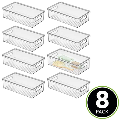 mDesign Plastic Stackable Bathroom Cabinet Storage Bin with Handles/Lid - Bin for Vanity, Countertop, Drawer Organization - Hold Soap, Towels, Accessories, Ligne Collection, 8 Pack, Clear