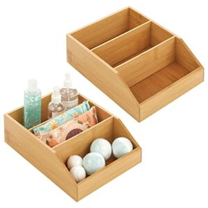 mdesign bamboo wood 3 tier counter organizer bin, multi-compartment storage box for bathroom, cabinets, shelves, countertops; holds vitamins, bath bombs, cosmetics, echo collection - 2 pack - natural