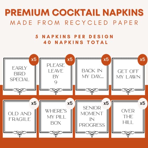 Funny Cocktail Napkins | Fun & Witty Paper Beverage Napkins for Adult Birthday Parties | 8 Different Phrases | 40 Pack in White