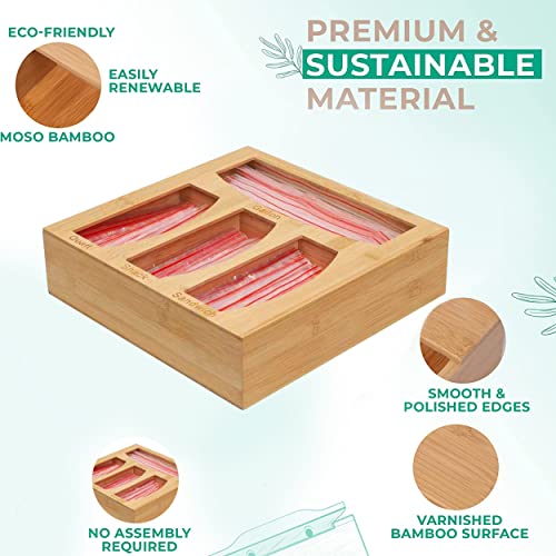 Bamboo Food Storage Ziploc Bag Organizer - Perfect for a Kitchen Drawer and Kitchen Organization - Plastic Ziploc Bags Storage Compatible with Gallon, Quart, Sandwich & Snack Variety Size Bags