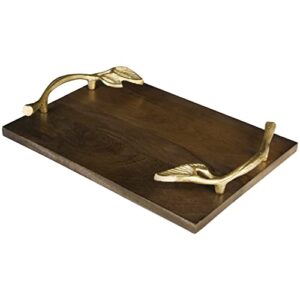 mygift handmade solid mango wood decorative tray with elegant gold leaf metal handle, serving tray coffee table display tray, handcrafted in india