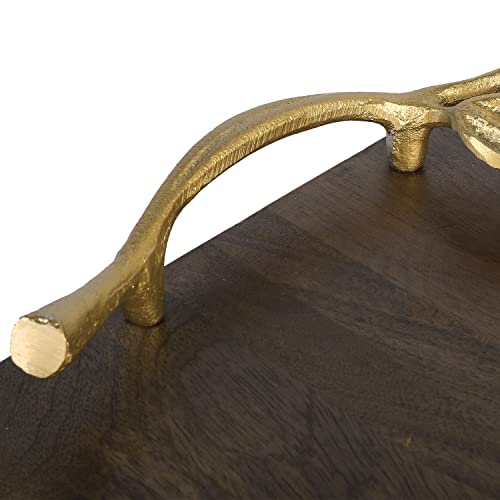 MyGift Handmade Solid Mango Wood Decorative Tray with Elegant Gold Leaf Metal Handle, Serving Tray Coffee Table Display Tray, Handcrafted in India