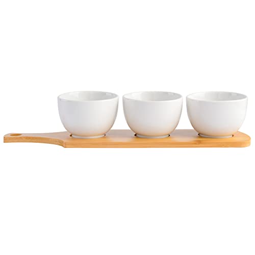 Gibson Home Gracious Dining Dinnerware, 3pc Tidbit Bowl Set w/Bamboo Tray, White, 3-Piece Tidbit Bowl w/Bamboo Tray