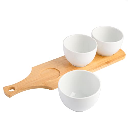 Gibson Home Gracious Dining Dinnerware, 3pc Tidbit Bowl Set w/Bamboo Tray, White, 3-Piece Tidbit Bowl w/Bamboo Tray