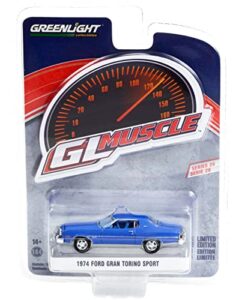 1974 gran torino sport medium blue metallic with blue interior greenlight muscle series 26 1/64 diecast model car by greenlight 13310 b