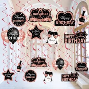 rose gold happy birthday decorations hanging swirls party supplies, 30pcs happy birthday swirls for women girls, 10th 16th 21st 30th 40th 50th 60th birthday​ ceiling sign decor