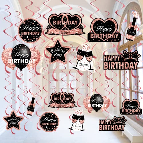 Rose Gold Happy Birthday Decorations Hanging Swirls Party Supplies, 30Pcs Happy Birthday Swirls for Women Girls, 10th 16th 21st 30th 40th 50th 60th Birthday​ Ceiling Sign Decor