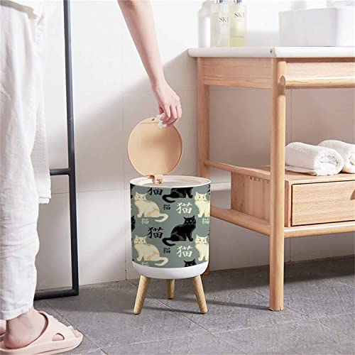 Small Trash Can with Lid Seamless with Cats and Japanese Characters Meaning cat on a Round Recycle Bin Press Top Dog Proof Wastebasket for Kitchen Bathroom Bedroom Office 7L/1.8 Gallon