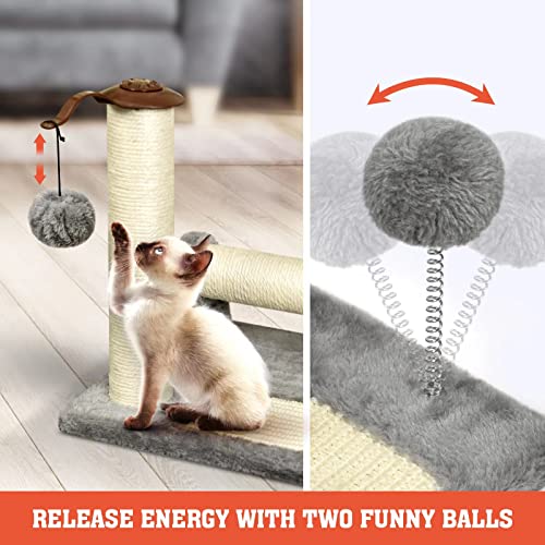 Petellow Cat Scratching Post and Pad, Cat Scratching Posts for Indoor Cats, Natural Sisal-Covered Cat Scratch Post and Pads with Cat Play Ball, Cat Scratcher for Kittens and Cats-Grey