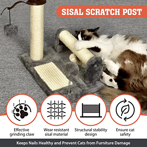 Petellow Cat Scratching Post and Pad, Cat Scratching Posts for Indoor Cats, Natural Sisal-Covered Cat Scratch Post and Pads with Cat Play Ball, Cat Scratcher for Kittens and Cats-Grey