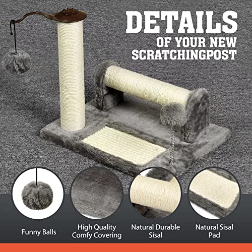 Petellow Cat Scratching Post and Pad, Cat Scratching Posts for Indoor Cats, Natural Sisal-Covered Cat Scratch Post and Pads with Cat Play Ball, Cat Scratcher for Kittens and Cats-Grey