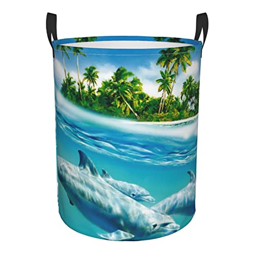 Underwater Sea Dolphin Large Laundry Basket, Laundry Hamper with Handle Collapsible Dirty Clothes Hamper Round Storage Basket for Bedroom Clothes Storage