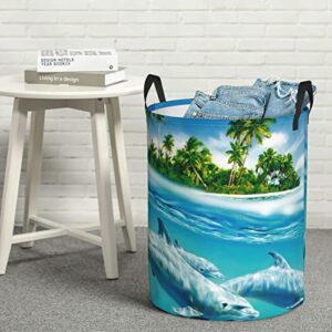 Underwater Sea Dolphin Large Laundry Basket, Laundry Hamper with Handle Collapsible Dirty Clothes Hamper Round Storage Basket for Bedroom Clothes Storage