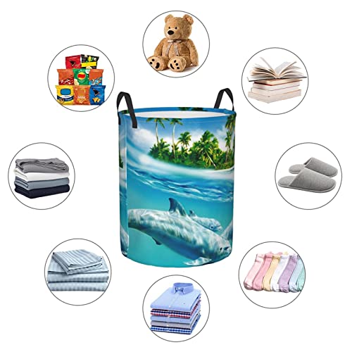 Underwater Sea Dolphin Large Laundry Basket, Laundry Hamper with Handle Collapsible Dirty Clothes Hamper Round Storage Basket for Bedroom Clothes Storage