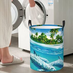 Underwater Sea Dolphin Large Laundry Basket, Laundry Hamper with Handle Collapsible Dirty Clothes Hamper Round Storage Basket for Bedroom Clothes Storage