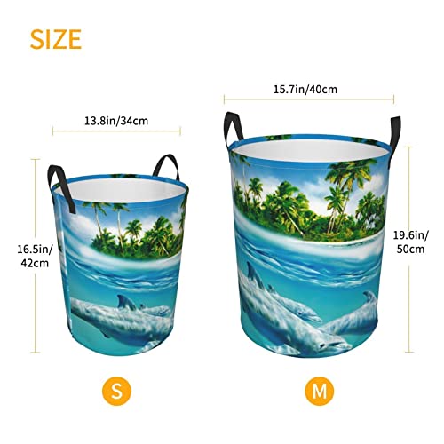 Underwater Sea Dolphin Large Laundry Basket, Laundry Hamper with Handle Collapsible Dirty Clothes Hamper Round Storage Basket for Bedroom Clothes Storage