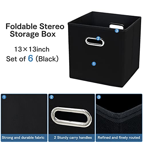 STOREONE 13 Inch Cube Organizer Bins ,Black Fabric Storage Bins，Foldable Storage Bins Basket with Dual Handles Fabric Organizer Bins and Storage Box，Set of 6,Black