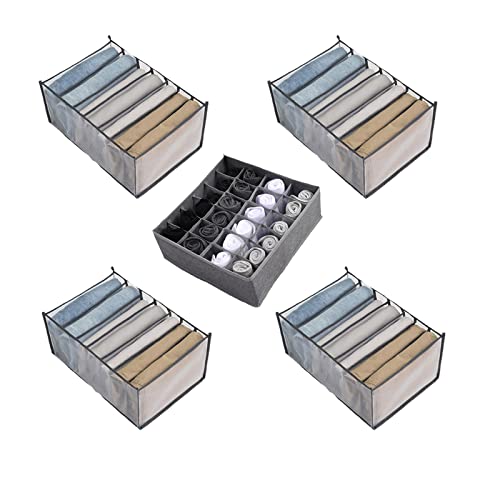 EZBOHO 5Pcs Pants Organizer for Closet Foldable Sock Drawer Organizer Wardrobe Cloth Storage Box Fabric Clothing Drawer Dividers for Pants Socks Underwear Ties(Grey, 7/24)