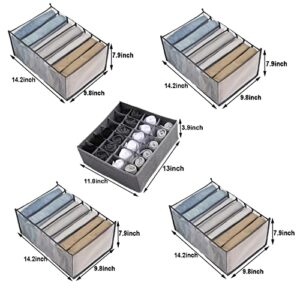 EZBOHO 5Pcs Pants Organizer for Closet Foldable Sock Drawer Organizer Wardrobe Cloth Storage Box Fabric Clothing Drawer Dividers for Pants Socks Underwear Ties(Grey, 7/24)