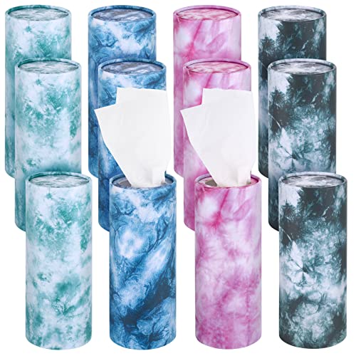 12 Pieces Cylinder Car Tissues Boxes Printed Car Napkins Round Disposable Tissues Boxes Travel Facial Tissues Boxes for Car Cup Holder (Tie Dye Style)