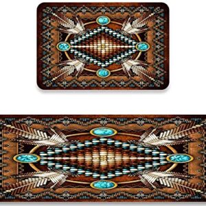 Rustic Southwestern Kitchen Rug Sets 2 Pieces Tribal Native American Indian Comfort Mat Geometric Cushioned Floor Mats Washable Doormat Anti Fatigue Non-Slip Kitchen Runner Rugs Bedroom Area Carpet