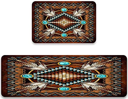 Rustic Southwestern Kitchen Rug Sets 2 Pieces Tribal Native American Indian Comfort Mat Geometric Cushioned Floor Mats Washable Doormat Anti Fatigue Non-Slip Kitchen Runner Rugs Bedroom Area Carpet