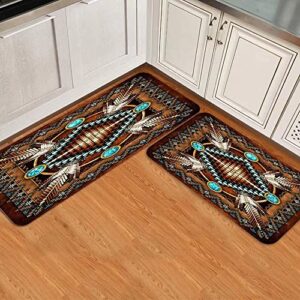 Rustic Southwestern Kitchen Rug Sets 2 Pieces Tribal Native American Indian Comfort Mat Geometric Cushioned Floor Mats Washable Doormat Anti Fatigue Non-Slip Kitchen Runner Rugs Bedroom Area Carpet