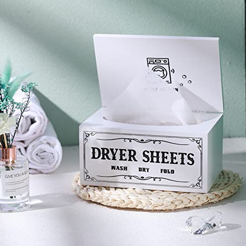 Laundry Dryer Sheet Holder, Wooden Dryer Sheet Dispenser Farmhouse Dryer Sheet Container with Hinged Lid Rustic Dryer Sheet Box Laundry Storage Products for Laundry Room Fabric Softener Sheets (White)