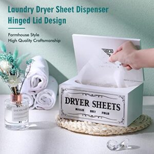 Laundry Dryer Sheet Holder, Wooden Dryer Sheet Dispenser Farmhouse Dryer Sheet Container with Hinged Lid Rustic Dryer Sheet Box Laundry Storage Products for Laundry Room Fabric Softener Sheets (White)