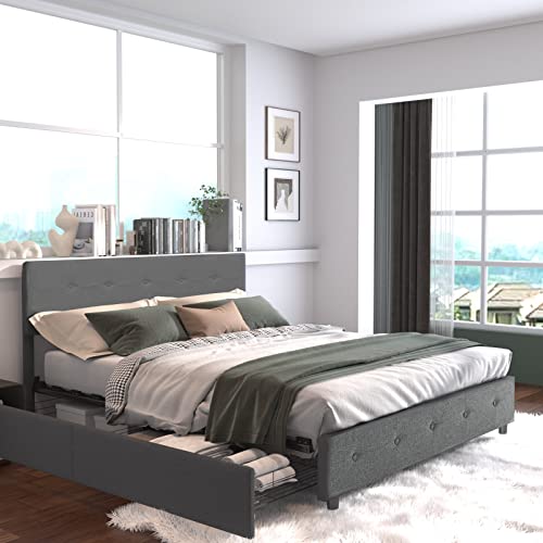 Vinctik 6&Fox Full Bed Frame with 4 XL Storage Drawers and Adjustable Headboard,Upholstered Double/Full Size Bed Frame with Drawers,Linen Fabric Tufted Bed Frame,Mattress Foundation(78 * 59in)