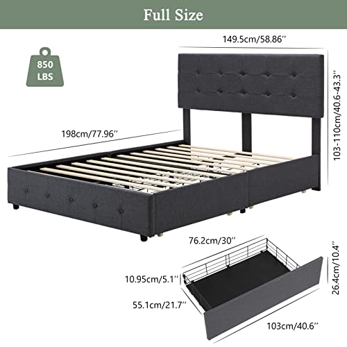 Vinctik 6&Fox Full Bed Frame with 4 XL Storage Drawers and Adjustable Headboard,Upholstered Double/Full Size Bed Frame with Drawers,Linen Fabric Tufted Bed Frame,Mattress Foundation(78 * 59in)