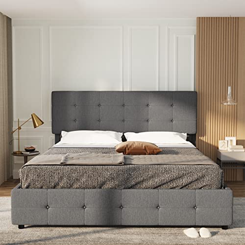 Vinctik 6&Fox Full Bed Frame with 4 XL Storage Drawers and Adjustable Headboard,Upholstered Double/Full Size Bed Frame with Drawers,Linen Fabric Tufted Bed Frame,Mattress Foundation(78 * 59in)