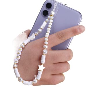 sysuii beaded phone lanyard wrist strap,kawaii love heart letters star moon beaded phone charm colorful rainbow phone chain strap for women girl pearl bracelet keychain cute phone decoration,white