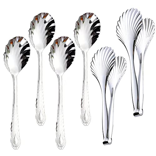 Enwinner Buffet Salad Serving 2 Tongs 4 Serving Spoons, 9 inch Catering Chef Food Salad BBQ Serving Utensils, Set of 6(stainless steel) (2 tongs+4 spoons)